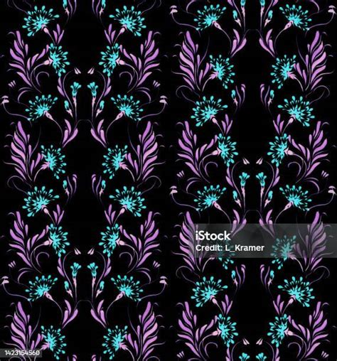 청록색 녹색 딜 꽃과 검은 색 배경에 보라색 파란색 회향 잎에서 꽃 수채화 이음새가 없는 패턴 0명에 대한 스톡 벡터 아트 및 기타 이미지 Istock