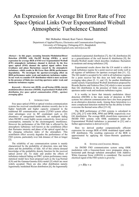 Pdf An Expression For Average Bit Error Rate Of Free Space Optical