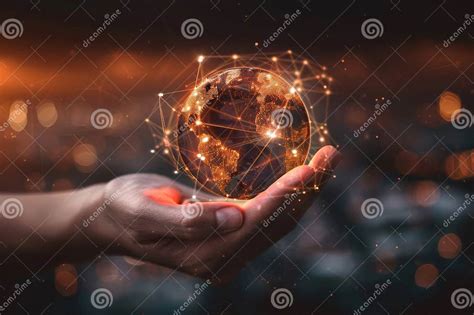 Hand Holding Digital Globe Symbolizing Network Connections And Data Points In The Image Stock