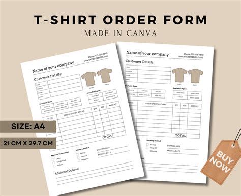 T Shirt Order Form Editable Template T Shirt Order Form Template Business Template Digital