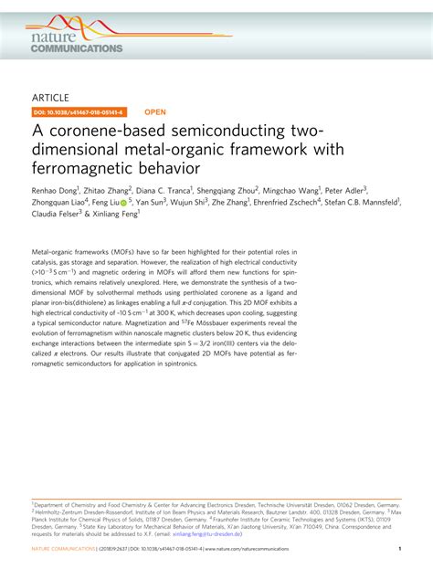 Pdf A Coronene Based Semiconducting Two Dimensional Metal Organic Framework With Ferromagnetic