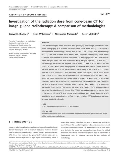 Pdf Investigation Of The Radiation Dose From Cone Beam Ct For Image Guided Radiotherapy A