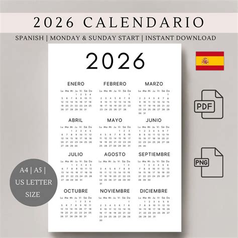 Calendario 2026 Español Pdf Etsy