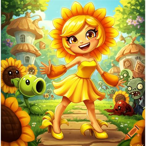 Cartoon Illustration Of A Sunflower Girl Character A Peashooter And Zombies In A Garden