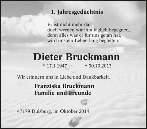 Traueranzeigen Von Dieter Bruckmann Trauer In Nrw De