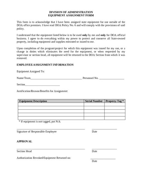 Equipment Assignment Form Blank Fillable Template Fill Out Print
