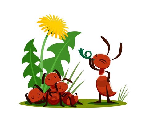 Desenho Animado Formigas Dormindo Em Gramado E Formiga Acordando Acima