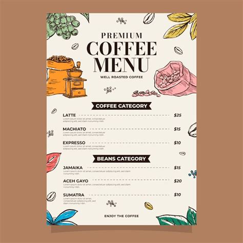 손으로 그린 커피 메뉴 템플릿 프리미엄 벡터