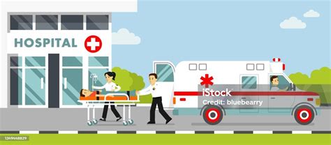 응급 구조 팀과 평평한 스타일로 부상당한 환자와 의학 구급대 구급차 개념 구급차에 대한 스톡 벡터 아트 및 기타 이미지 구급차 환자 병원 Istock