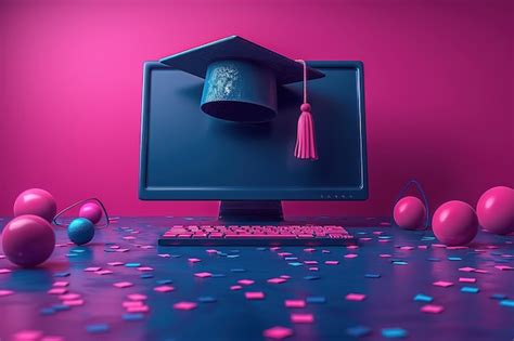 3d Vector Icon Computer Monitor Display And Graduation Cap Premium Ai