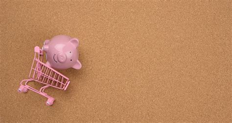 갈색 배경에 분홍색 쇼핑 카트와 세라믹 돼지 저금통 배너 쇼핑 저축 컨셉 판매 0명에 대한 스톡 사진 및 기타 이미지 0명