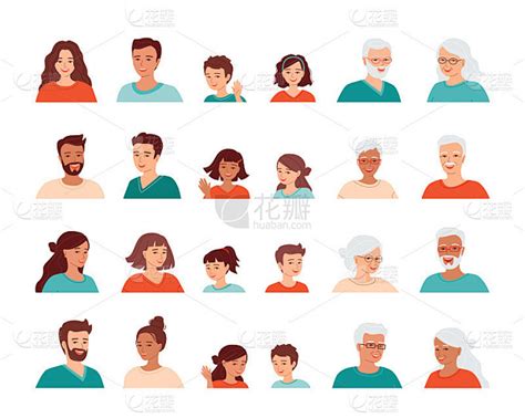 一组人的化身。不同年龄和国籍的男人、女人和孩子们都面带微笑。家庭肖像。孤立的矢量插图。