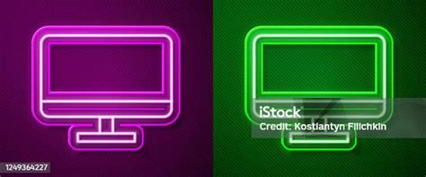 보라색과 녹색 배경에 격리 된 빛나는 네온 라인 컴퓨터 모니터 화면 아이콘 전자 기기 전면 보기입니다 벡터 일러스트레이션 0명에 대한 스톡 벡터 아트 및 기타 이미지