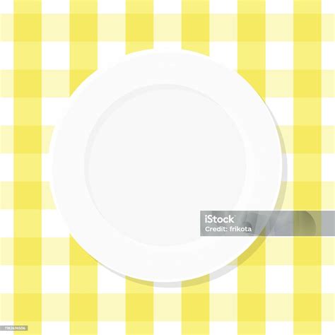 노란색 체크 테이블 보에 흰색 빈 접시 맨 위 보기 벡터 일러스트레이션 플랫 디자인 건강한 식생활에 대한 스톡 벡터 아트 및 기타 이미지 건강한 식생활 공란 그릇