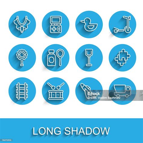 세트 라인 장난감 철도 드럼 스틱 슬링 샷 비행기 트럭 비누 거품 병 퍼즐 조각 장난감과 삽 아이콘 드럼 벡터 0명에 대한 스톡