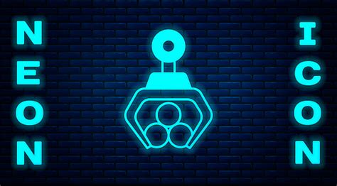 빛나는 네온 그애플 크레인은 벽돌 벽 배경에 고립 된 로그 아이콘을 잡았다 산림 산업 목재 트렁크 목재 생산을위한 산업 크레인 벡터 갈고리 발톱에 대한 스톡 벡터 아트 및