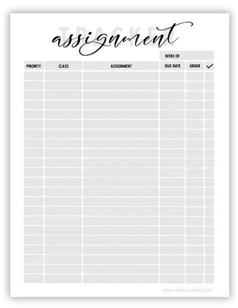 Assignment Trackers Free Pdf Printables Simply Love Coloring