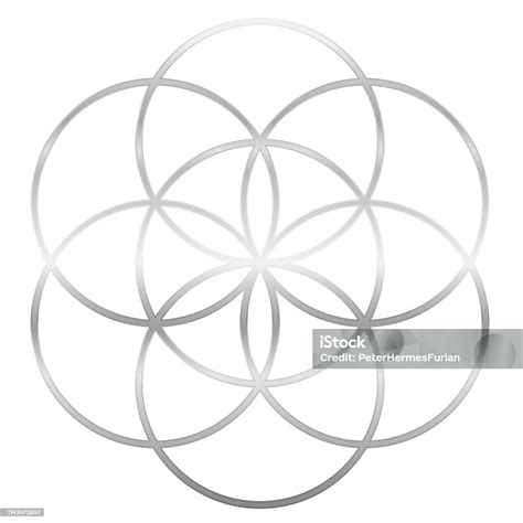 생명의은 씨앗 생명의 꽃 상징의 전 구체 육각형의 대칭 구조를 이루는 동일한 크기의 일곱 개의 겹치는 원으로 구성 된 독특한 기하학적 인물 0명에 대한 스톡 벡터 아트 및