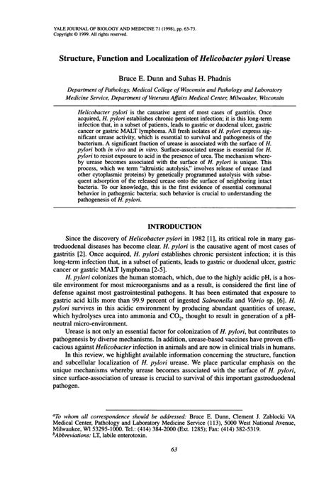 Pdf Structure Function And Localization Of Helicobacter Pylori Urease