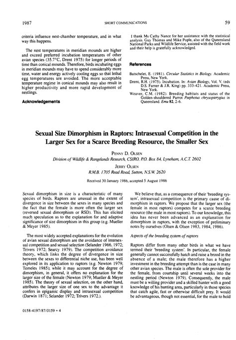 PDF Sexual Size Dimorphism In Raptors Intrasexual Competition In The Larger Sex For A Scarce
