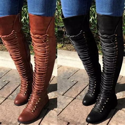 Flat Knee High Lace Up Boots 2 Colors 45 Black Knee Boots