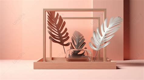 유리 벽과 열대 나뭇잎 그림자가 특징인 파스텔 배경에 3d 효과를 제공하는 높은 목재 무대 특징 배경 제품 디스플레이 배경 유리 그림자 배경 이미지 Hd 특징 제품