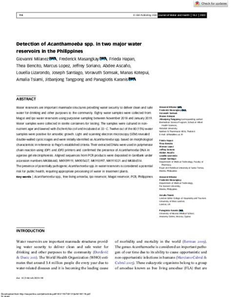 Pdf Detection Of Acanthamoeba Spp In Two Major Water Reservoirs In The Philippines Jeffrey