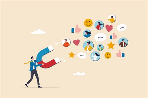 브랜드 참여 또는 고객 참여 제품을 사용한 후 사회적 긍정적 인 피드백 충성도 및 신뢰 개념을 공유하고 사업가 자석은 브랜드 참여 노출 기호로 고객을 그립니다 소셜