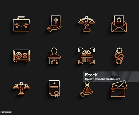 정의 저울 인증서 템플릿 서류 가방 돈 가방을 들고 있는 손 봉투 무대 스탠드 또는 토론 연단 수갑 및 지문 아이콘을 설정합니다 벡터 가방에 대한 스톡 벡터 아트 및 기타