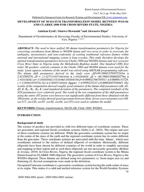 Development Of 3d Datum Transformation Model Between Wgs 84 And Clarke 1880 For Cross Rivers