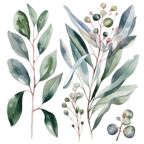 Premium Photo Eucalyptus Watercolor Set Separate White Background