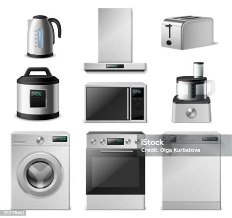 3d 주방 기기 현실적인 금속 가정용 전기 기계 강철 색 세탁기 폐쇄 식기 세척기 밥솥 후드 토스터 및 주전자 멀티 쿠커 및