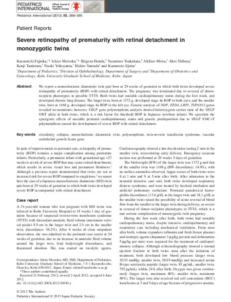 Pdf Severe Retinopathy Of Prematurity With Retinal Detachment In Monozygotic Twins