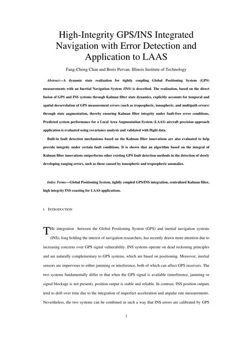 Pdf High Integrity Gpsins Integrated Navigation With Error Detection