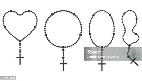 묵주 비즈 실루엣 세트 명상을 위한 기도 하트 모양의 보석 십자가가 있는 가톨릭 묵주 종교 상징 벡터 일러스트 레이 션 아이콘에 대한 스톡 벡터 아트 및 기타 이미지
