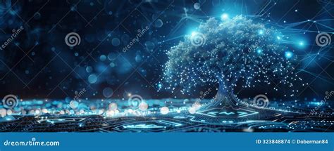 Futuristic Technological Tree With Interconnected Digital Nodes On A Glowing Blue Background