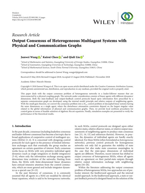 PDF Output Consensus Of Heterogeneous Multiagent Systems With Physical And Communication Graphs
