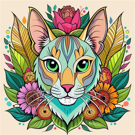 Premium Vector A Cat With Peacock Feathers On Its Head And A Flower