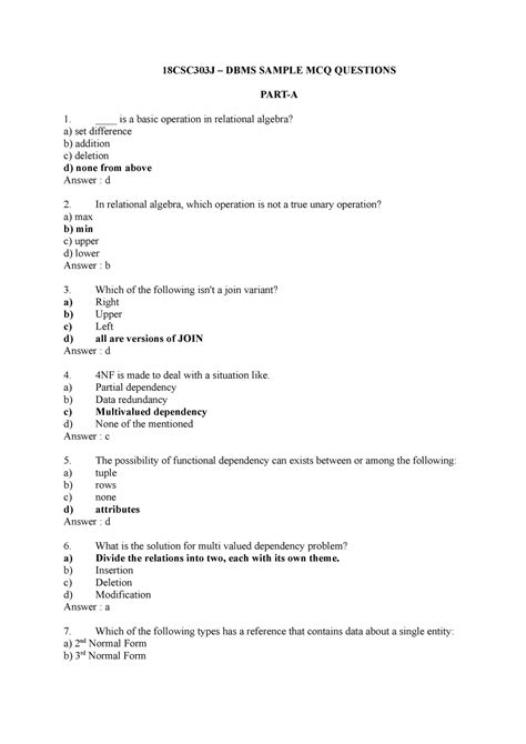 CSC J DBMS Sample MCQ Introduction To Database Management System Studocu