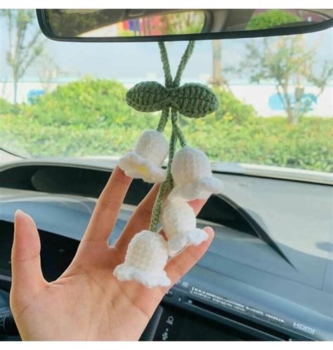 자동차 백미러 매달려 장식품 크로 셰 뜨개질 꽃 바구니 식물 액세서리 수제 니트 Boho 여성용 은방울꽃 흰 티몬