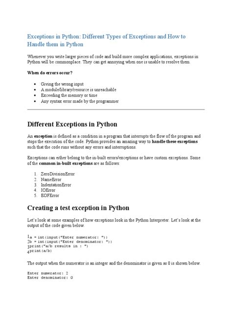Exceptions In Python Different Types Of Exceptions And How To Handle Them In Python Pdf