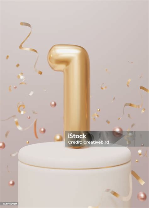 베이지색의 무채색 배경에 황금색 숫자 1과 색종이 조각 기호 1 첫 번째 생일 파티 사업 기념일 또는 첫 번째 이정표를 축하하는