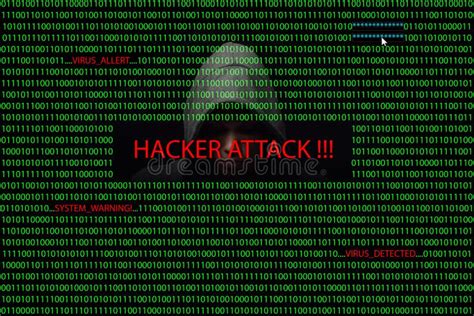 hacker over a screen with binary code and warning messages stock