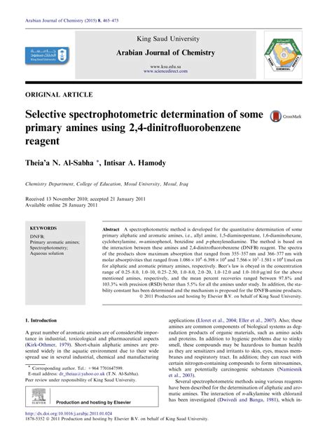 Pdf Selective Spectrophotometric Determination Of Some Primary Amines Using 24