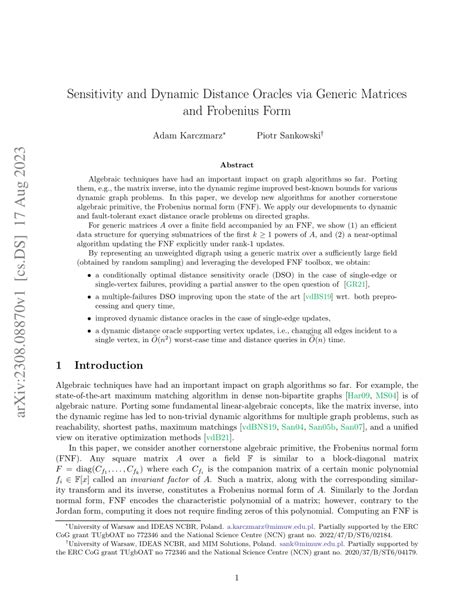 Pdf Sensitivity And Dynamic Distance Oracles Via Generic Matrices And