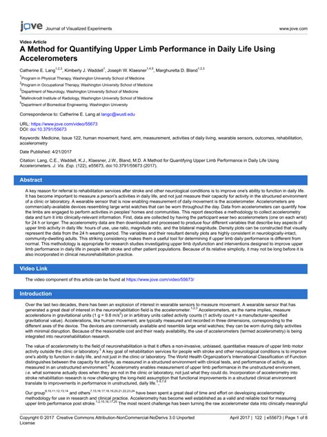 Pdf A Method For Quantifying Upper Limb Performance In Daily Life Using Accelerometers