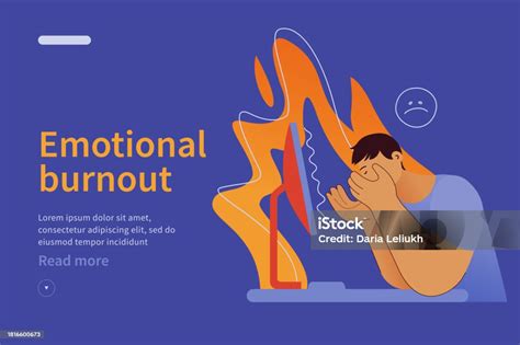 정서적 번아웃 증후군 웹 사이트 개념입니다 스트레스를 받는 남자 불행한 이모티콘 사무실 책상 배경에 불 좌절한 노동자 정신 장애