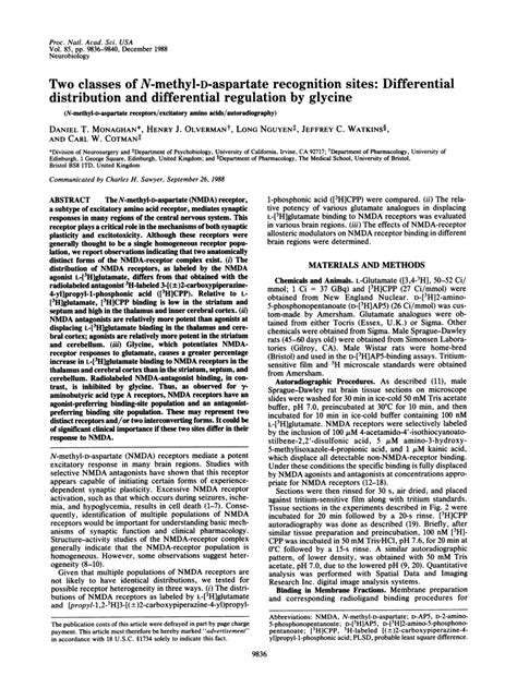Pdf Two Classes Of N Methyl D Aspartate Recognition Sites Differential Distribution And
