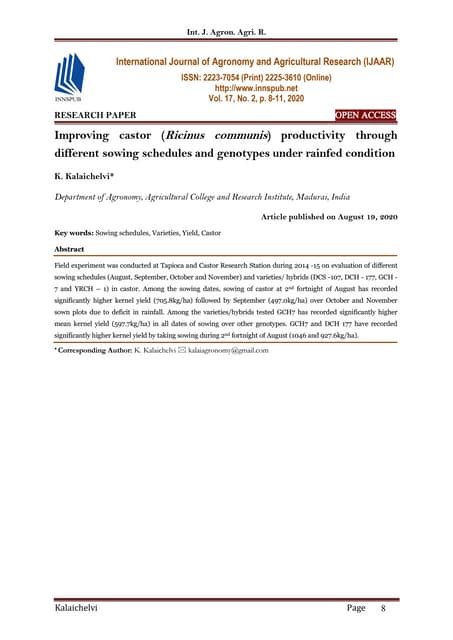 Improving Castor Ricinus Communis Productivity Through Different Sowing Schedules And