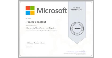 Hunter Constant On Linkedin Completion Certificate For Cybersecurity Threat Vectors And Mitigation